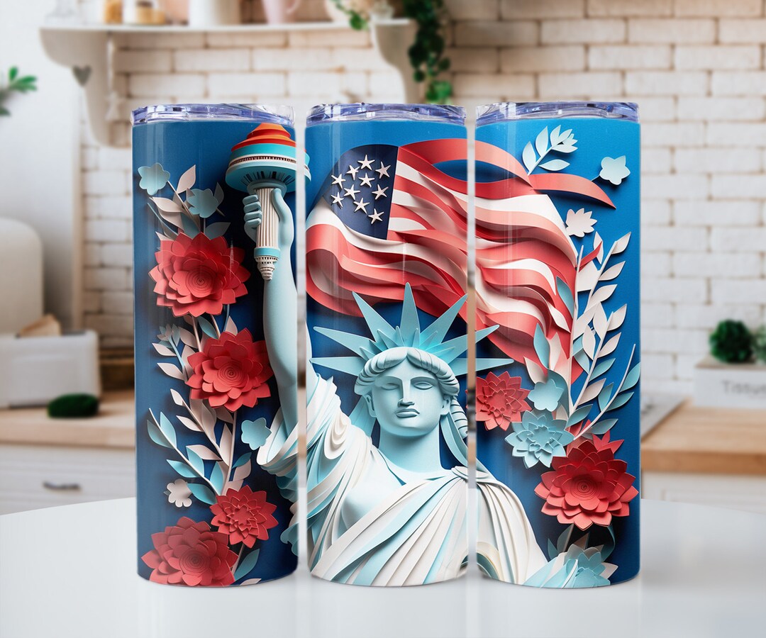 The Statute of Liberty USA Flag and Flowers Paper Craft Art 2 20oz ...