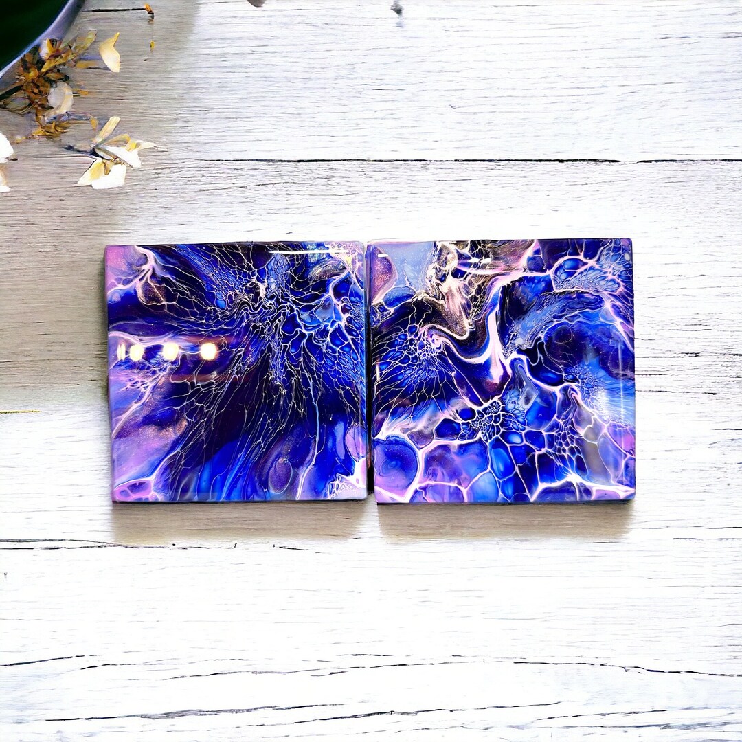 Fluid Art Coasters Finished With Resin, Acrylic Pour Coaster Set ...