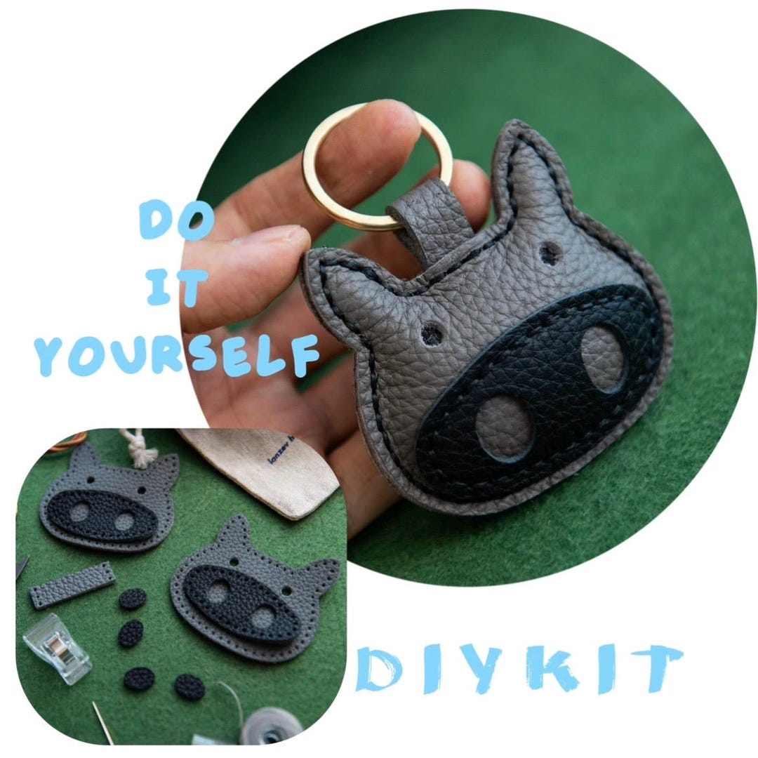 DIY KIT Durable Genuine Leather Cute Pig Piggy Key Chain Name Engraved ...