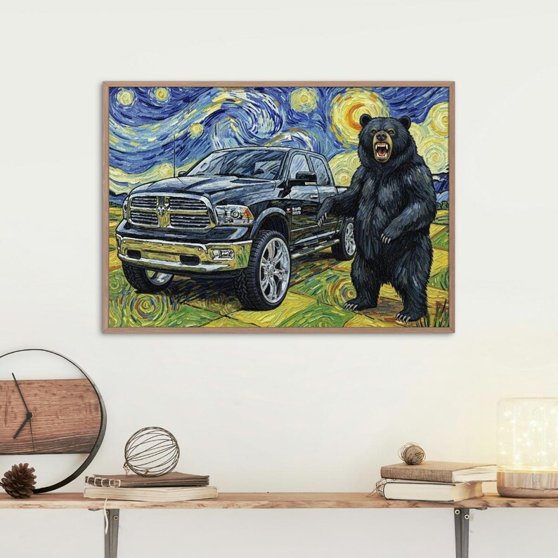 Starry Night Ram Truck & Roaring Bear Print - Van Gogh Style Off-road ...