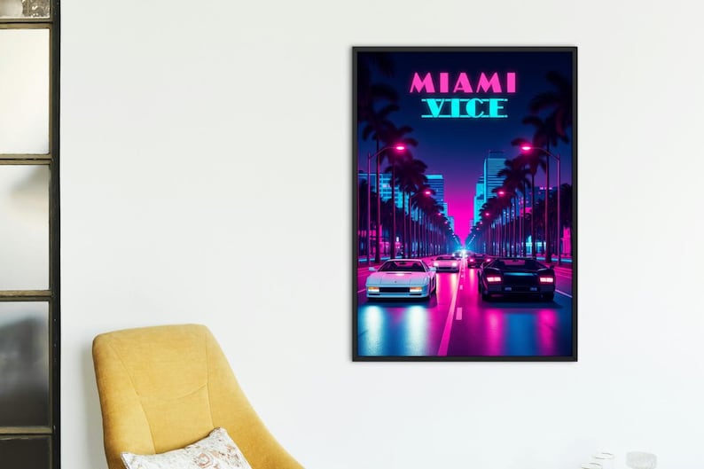 Miami Vice Neon Poster, Retro 80s Wall Art, Synthwave Cityscape Canvas ...