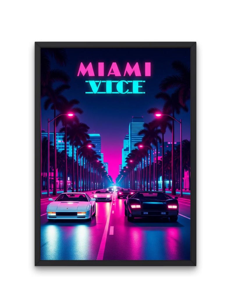 Miami Vice Neon Poster, Retro 80s Wall Art, Synthwave Cityscape Canvas ...