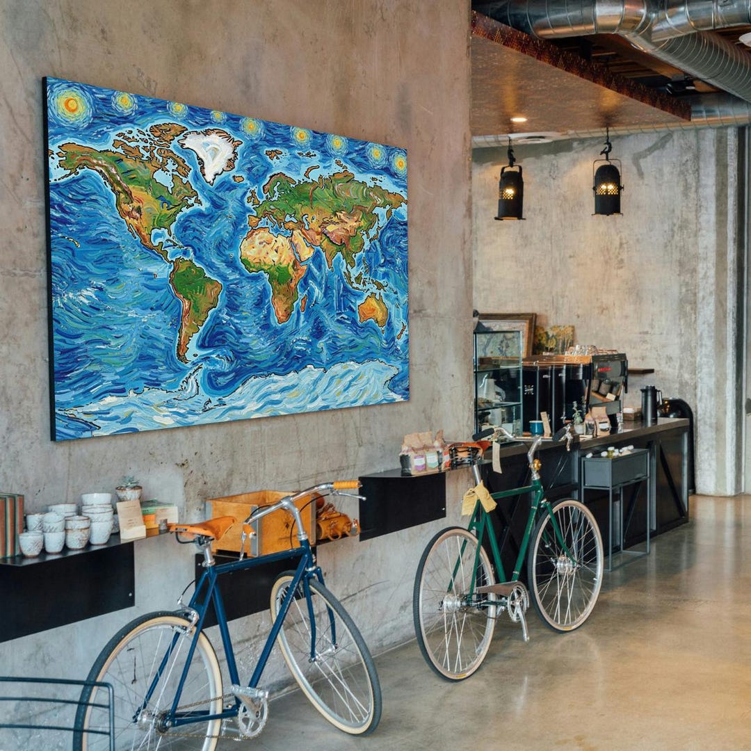 Van Gogh Style World Map Wall Art, Starry Night Earth Poster, Artistic ...