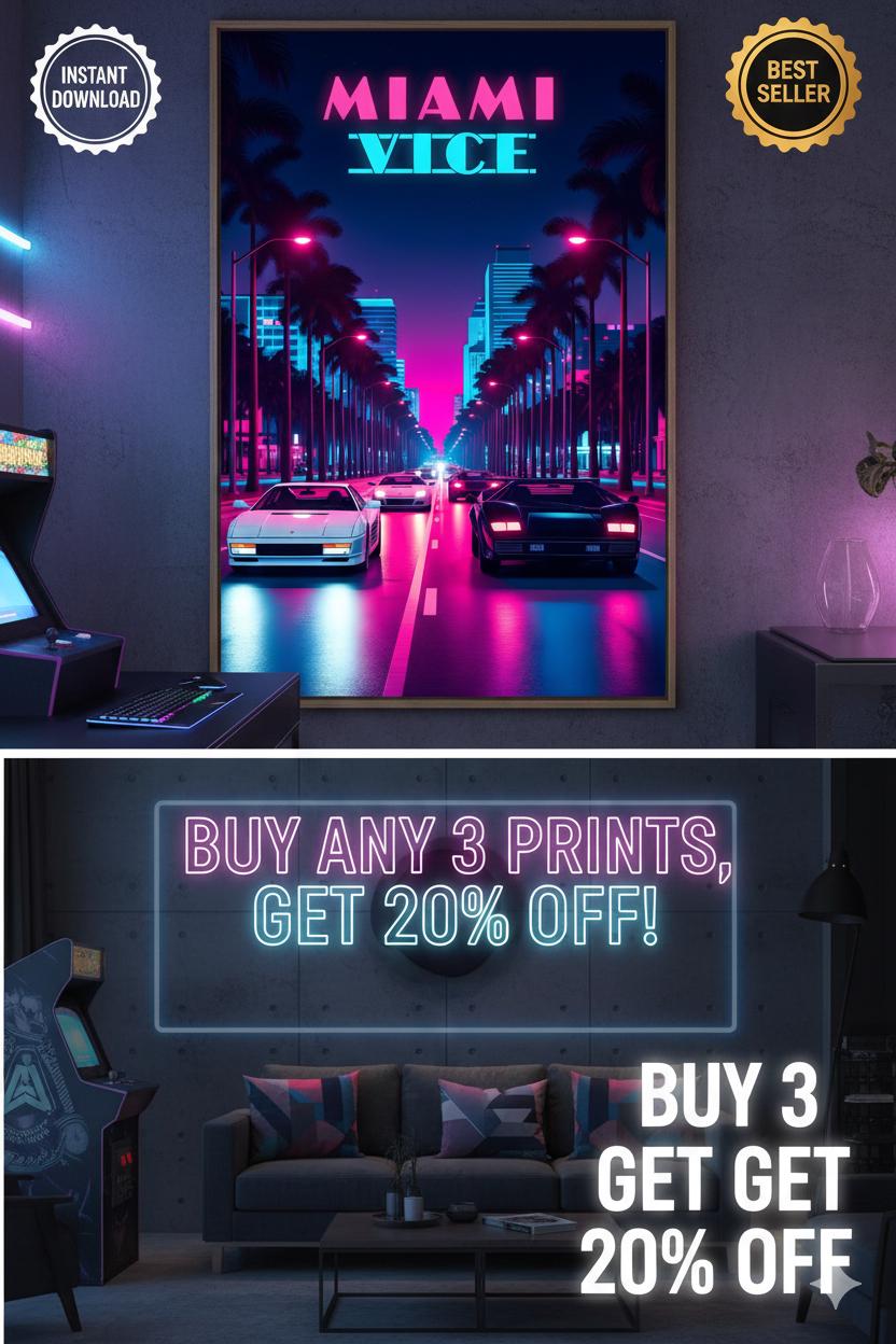 Miami Vice Neon Poster, Retro 80s Wall Art, Synthwave Cityscape Canvas ...