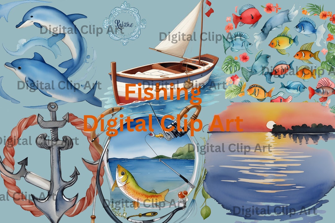 Fishing Clipart Digital Clip Art Fishing Water Color for - Etsy