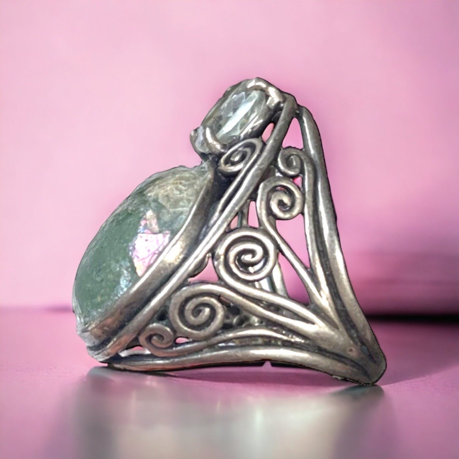 Rare Antique Ancient Roman Glass and Natural Aquamarine Stamped LIRM 925 Silver Israel Ring ...