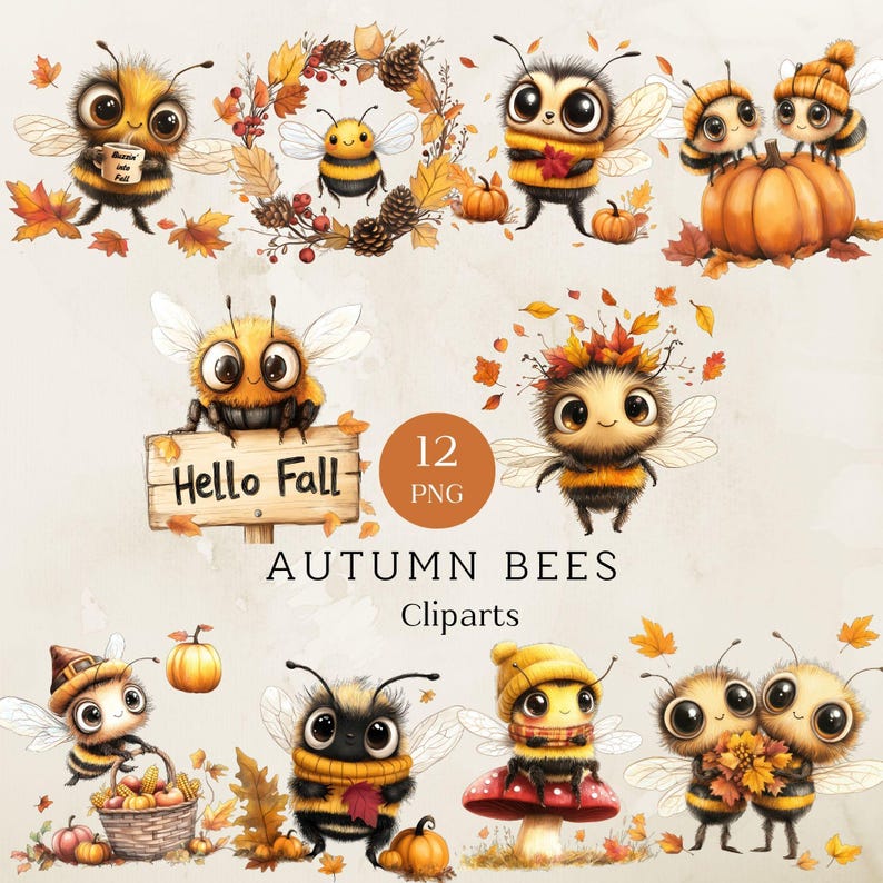Clipart Autumn Bees, Fall Bees Digital Illustrations, Cute Nature PNG ...