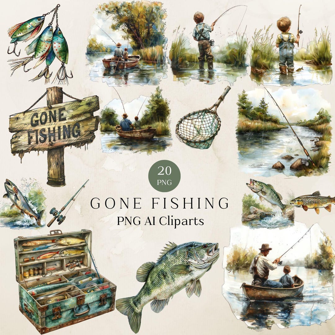 Watercolor Fishing Clipart Bundle, Transparent PNG Graphics (digital ...