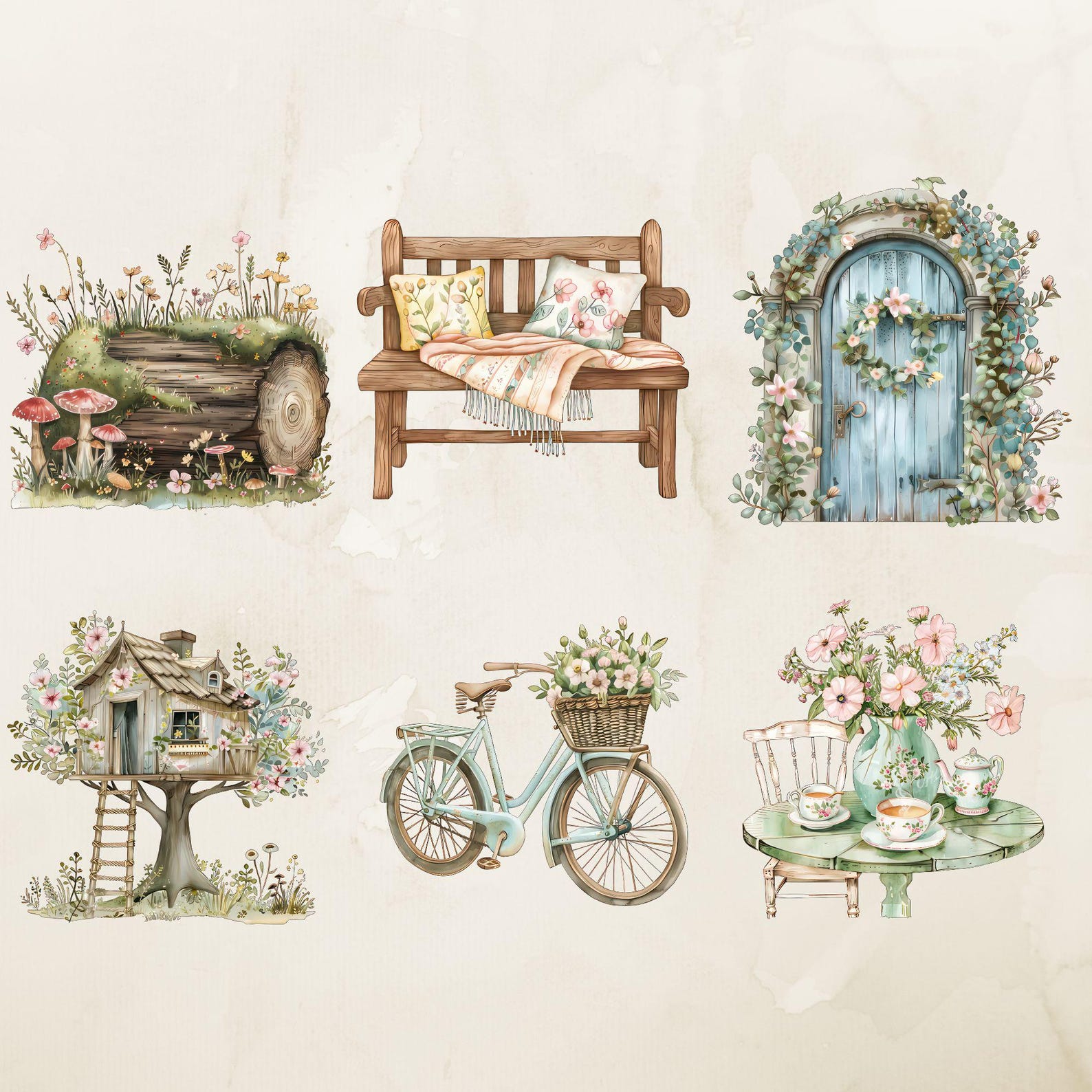 Watercolor Spring Cottage Clipart, Rustic Spring Illustrations, Cute ...