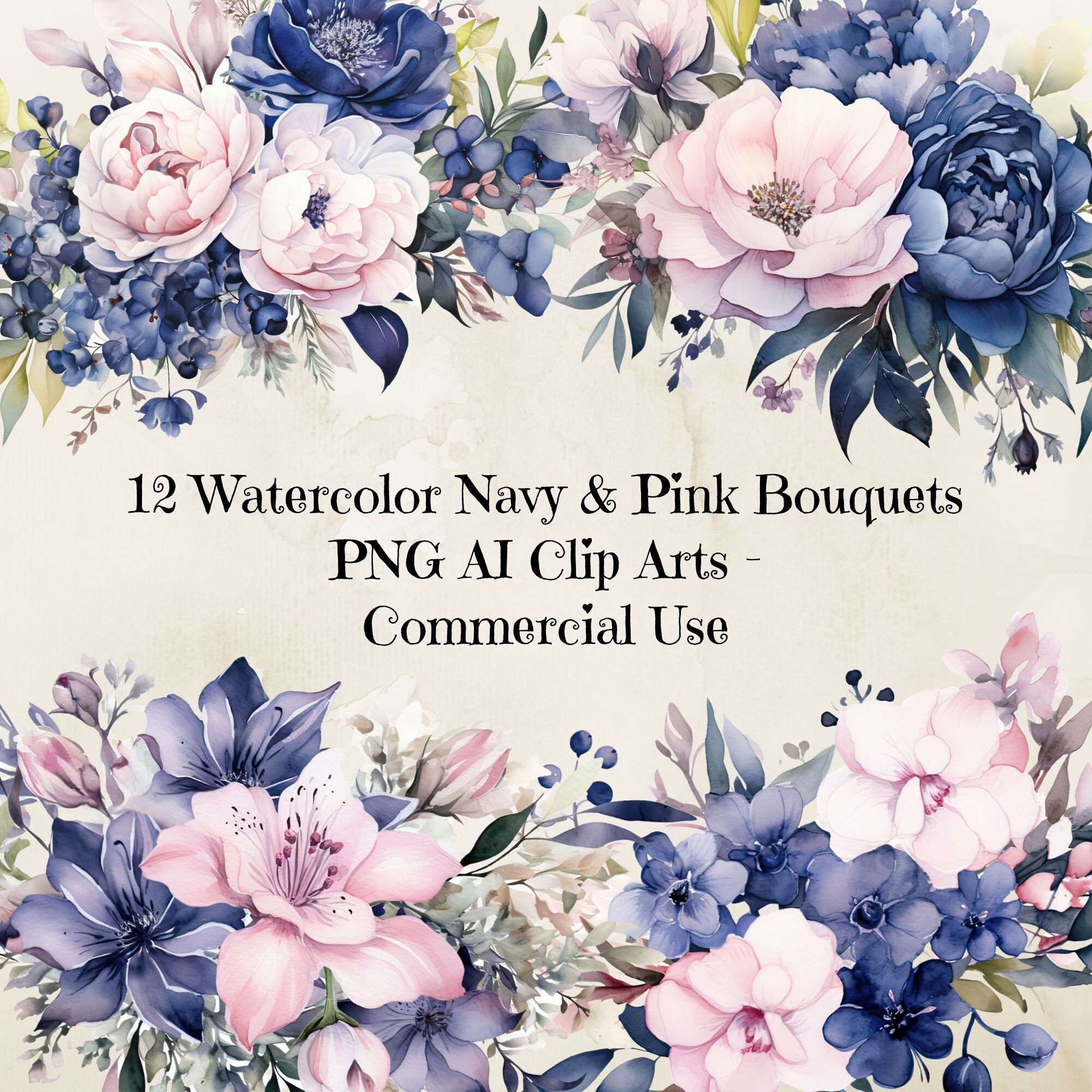 Navy and Pink Floral Watercolor Clipart Pack, Navy and Blush Flower ...