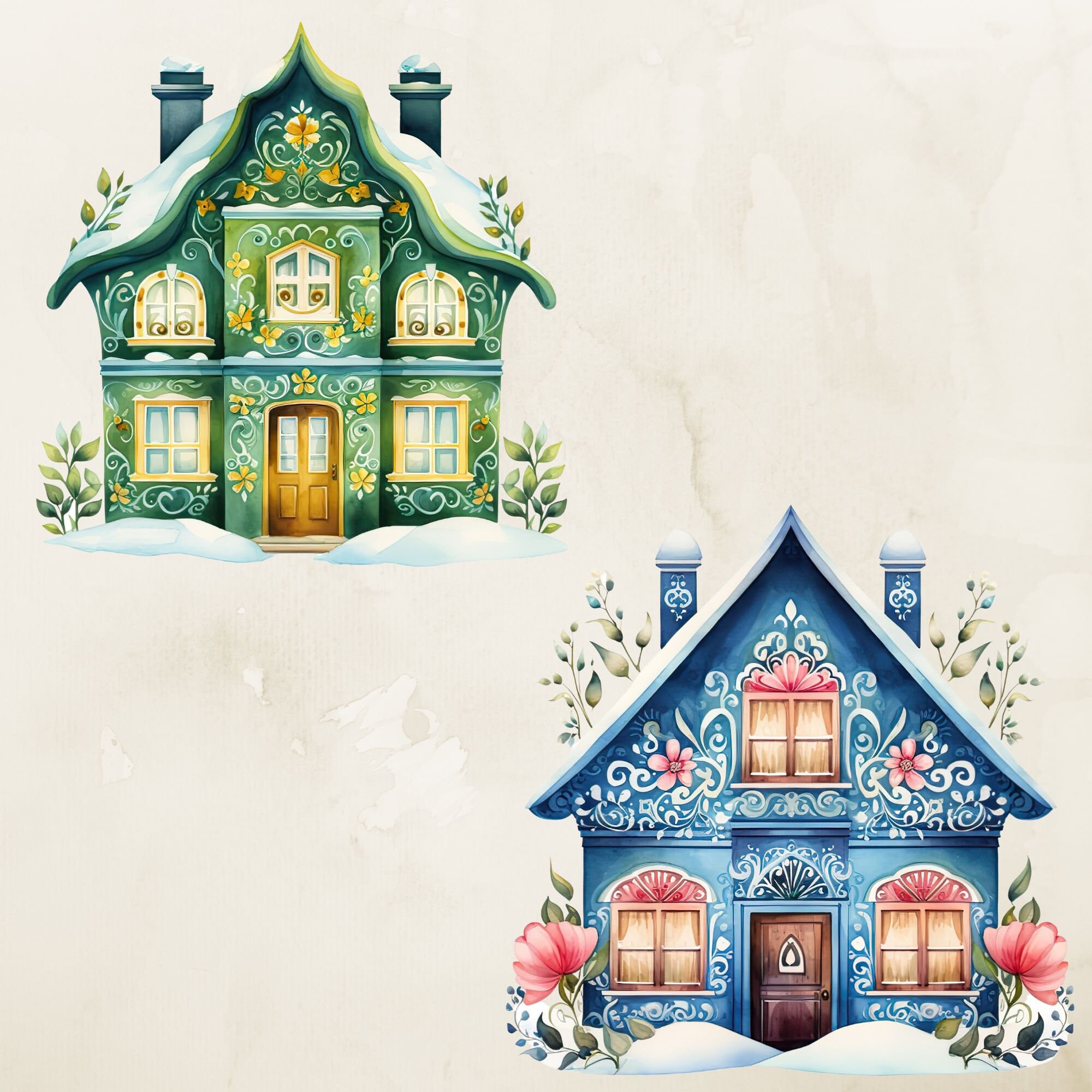 Watercolor Nordic Houses Clipart, Scandinavian Houses Clipart, Winter ...