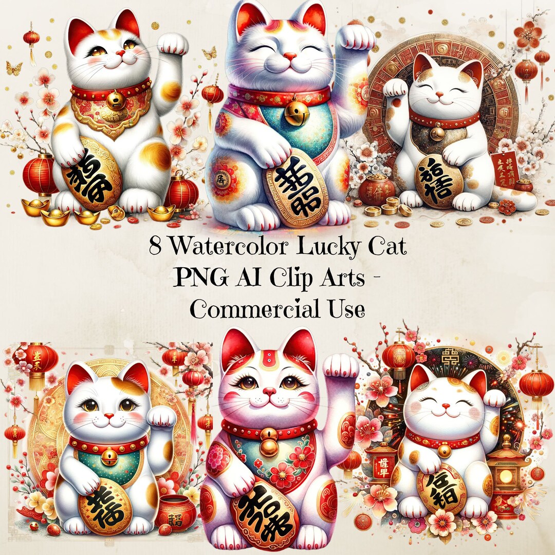 Watercolor Lucky Cat Clipart, Maneki Neko PNG (digital Download) - Etsy