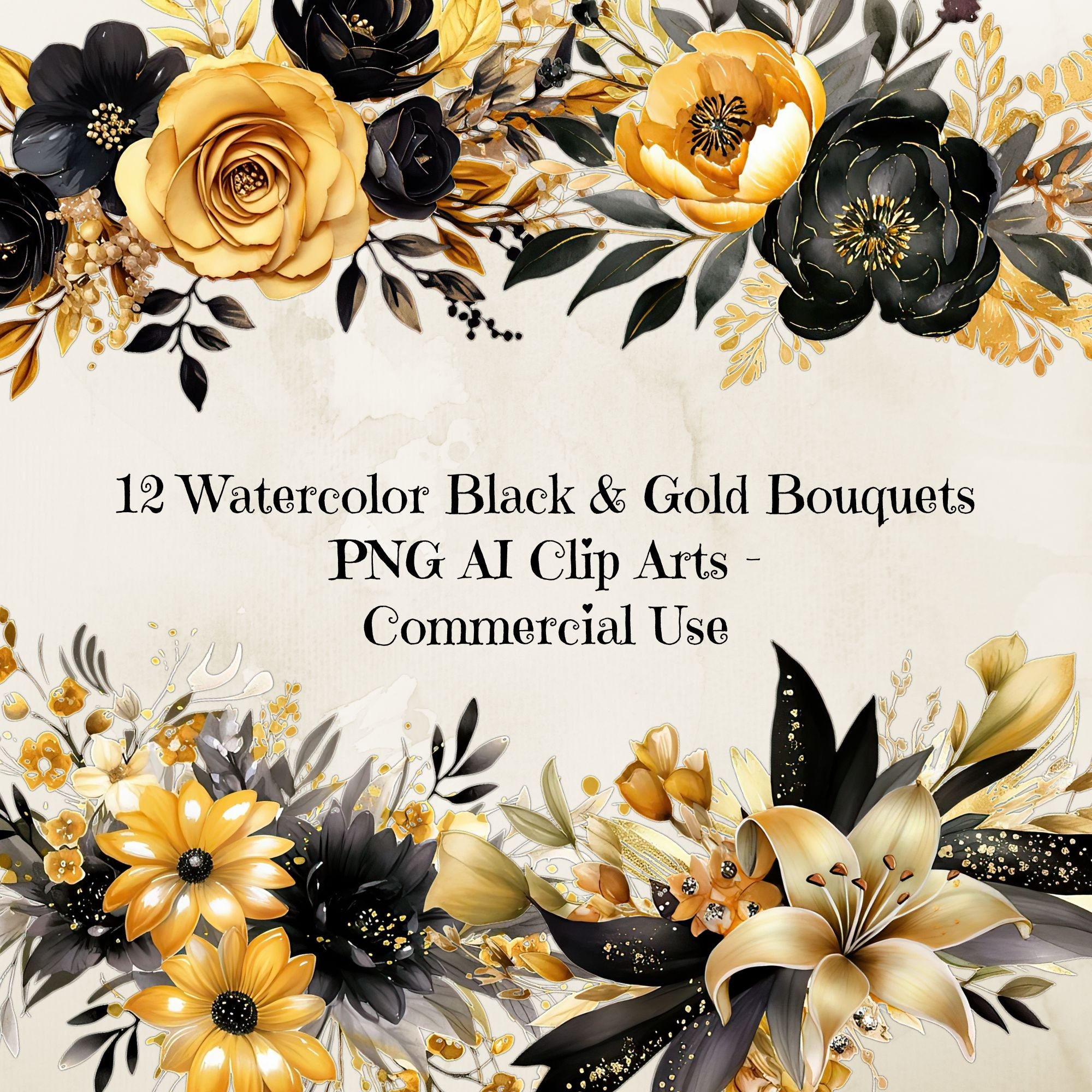 Black and Gold Bouquet Clipart, Watercolor Floral Clipart Bouquets ...