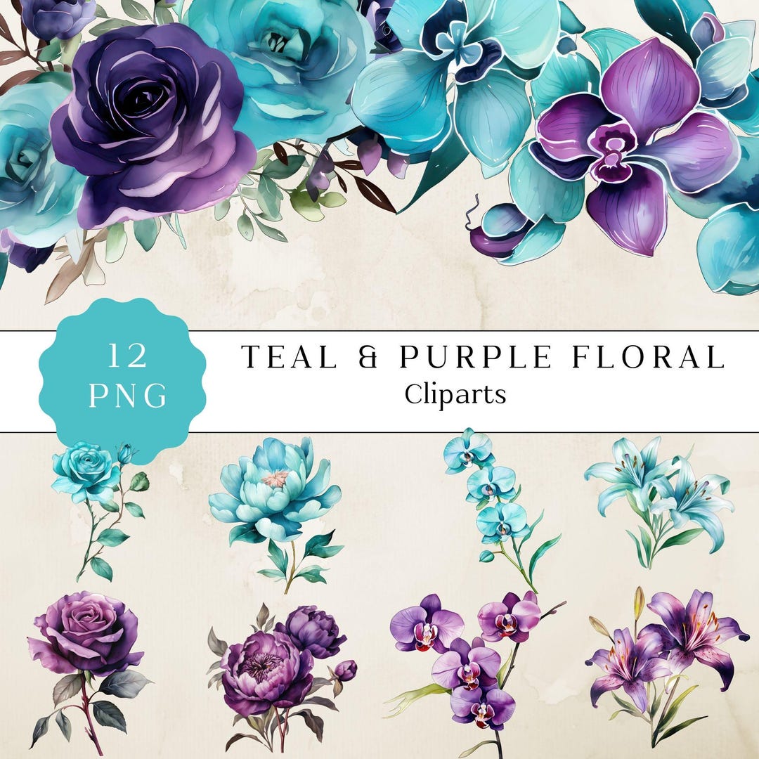 Purple and Teal Watercolor Floral Clipart, Wedding Botanical Art ...