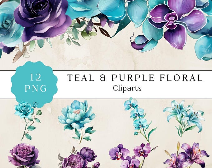 60 PNG TEAL and Purple Watercolor FLOWERS Clip Arts (300 Dpi ...