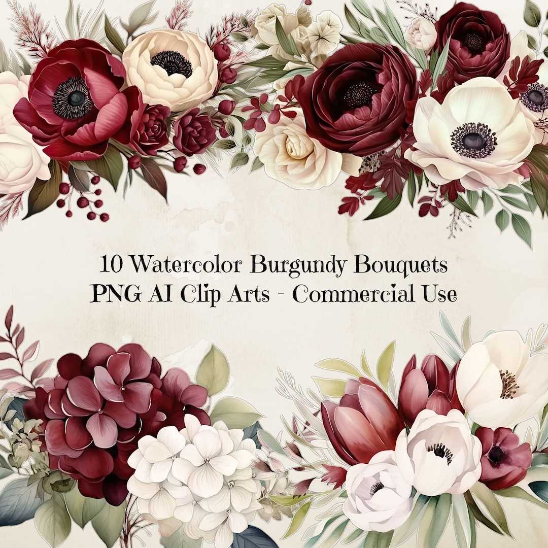 Burgundy Floral Watercolor Clipart, Burgundy Flowers, Digital Floral ...