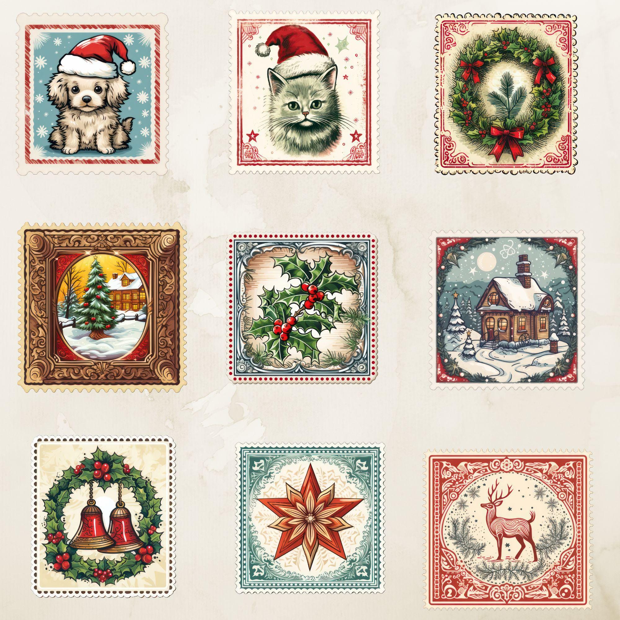 Vintage Christmas Postage Stamps Clipart Bundle (PNG) - Etsy