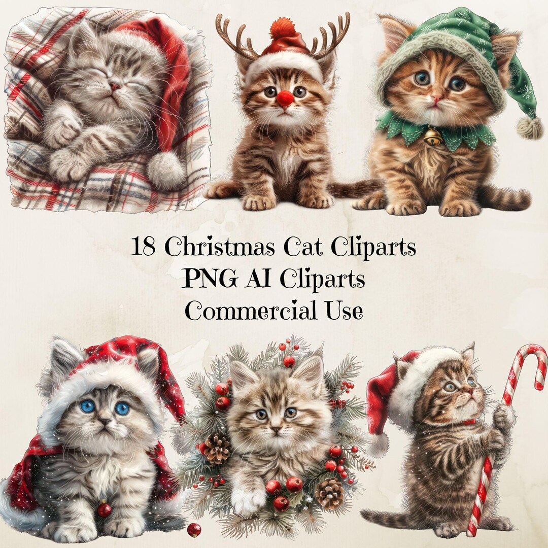 Watercolor Christmas Cat Clipart Bundle, Cute Christmas Cat Clipart ...