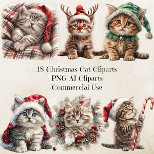 Watercolor Christmas Cat Clipart Bundle, Cute Christmas Cat Clipart ...