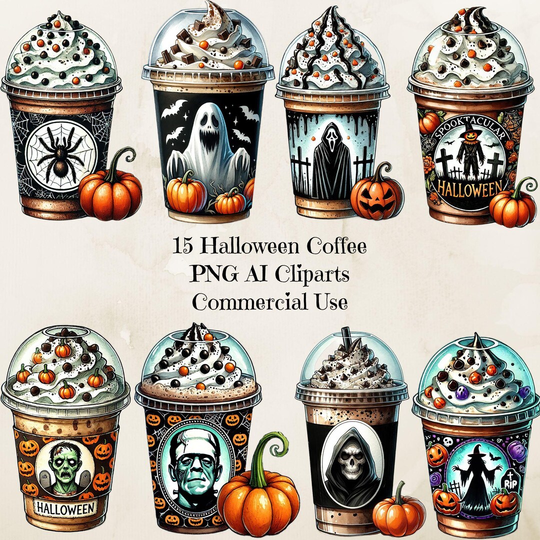 Halloween Coffee Clipart Set, Scary Gothic Watercolor Hot Coffee Drink ...