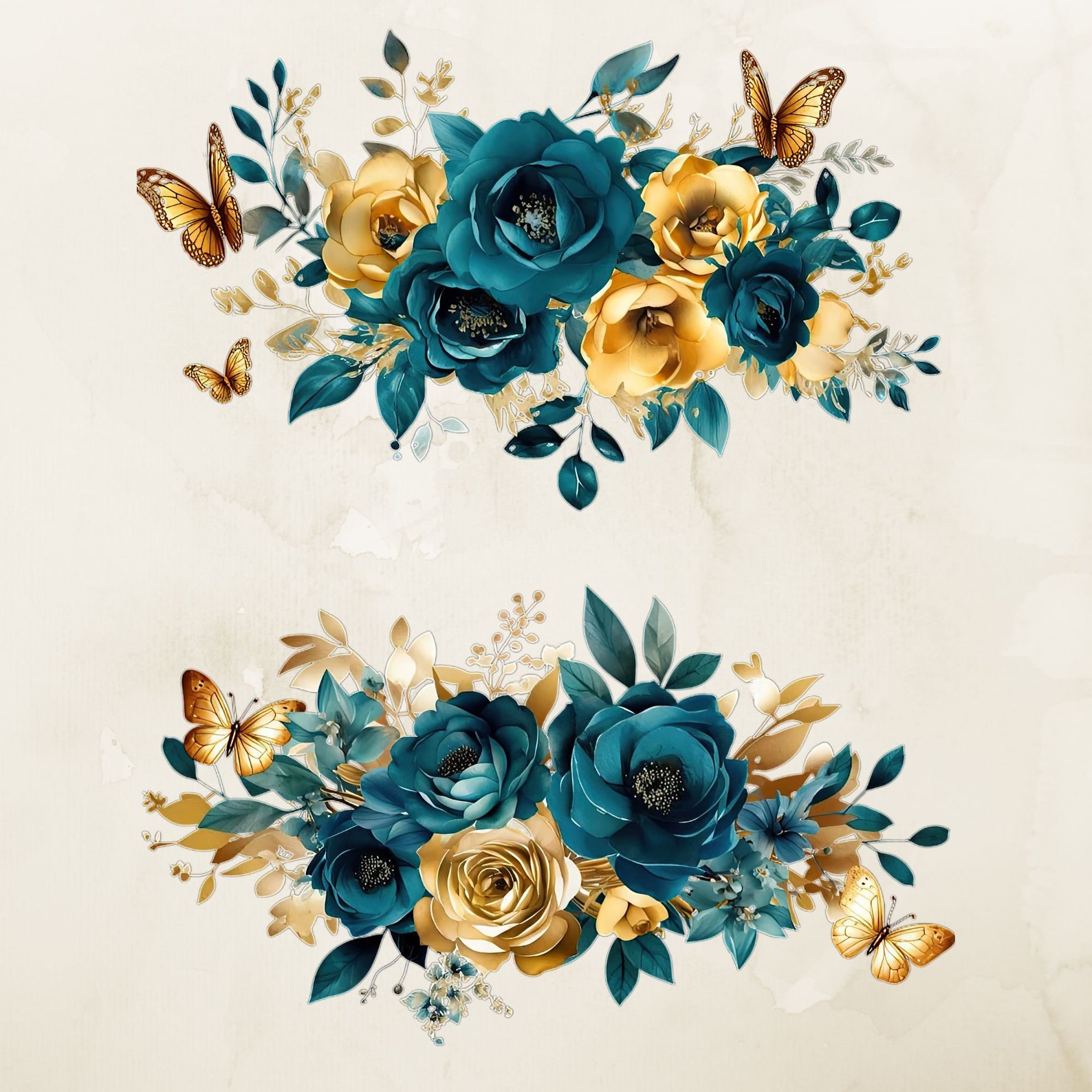 Teal and Gold Floral Clipart, Gold Teal Floral, Teal Gold Roses, Gold ...