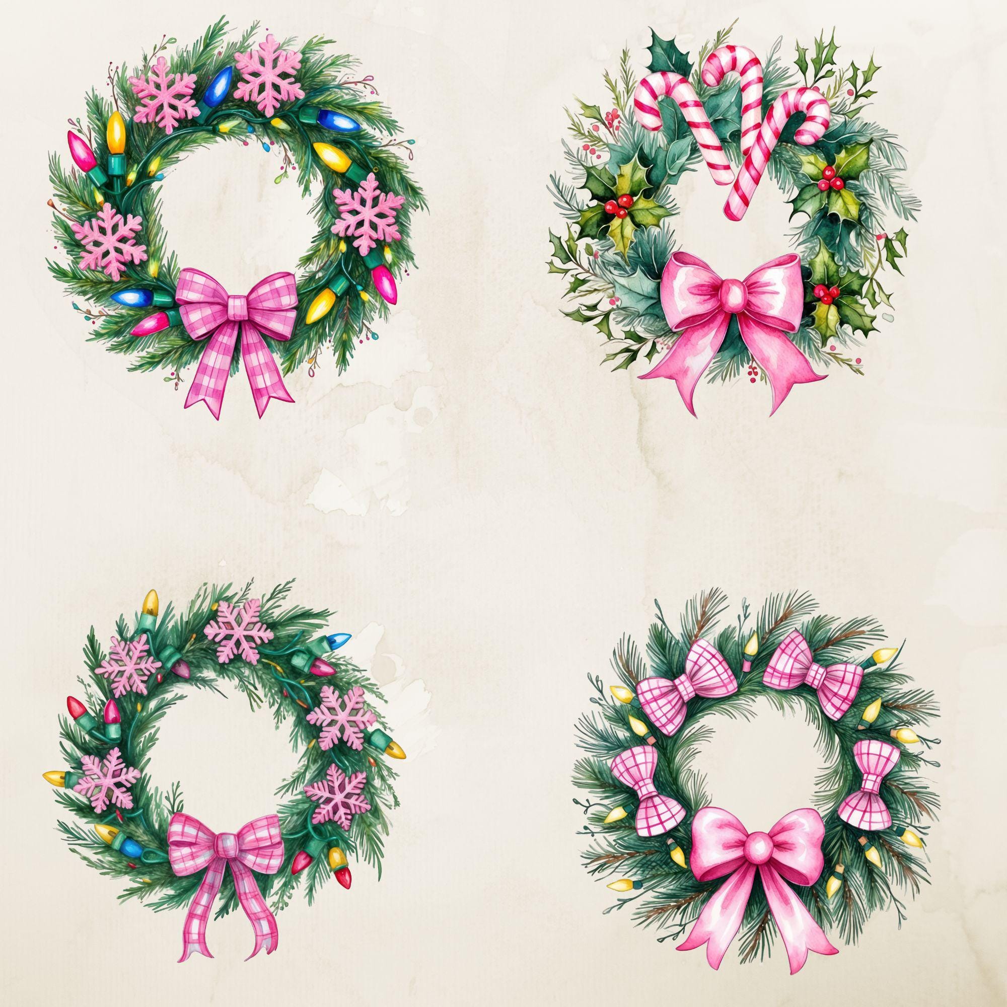 Preppy Pink Christmas Wreath Clipart, Watercolor Pink Wreath Clipart ...