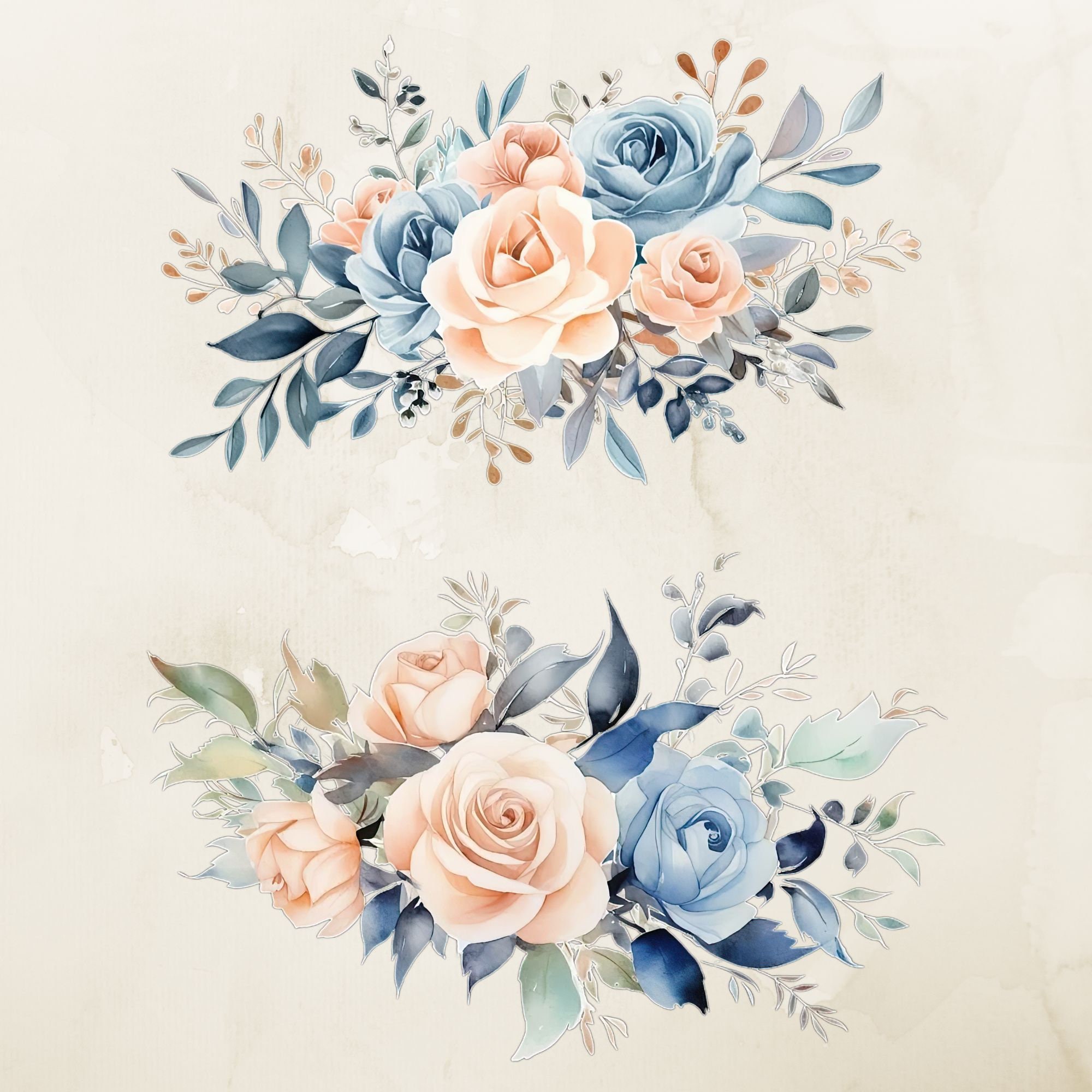 Blue and Peach Floral Bouquet Clipart, Digital Clipart Watercolor ...