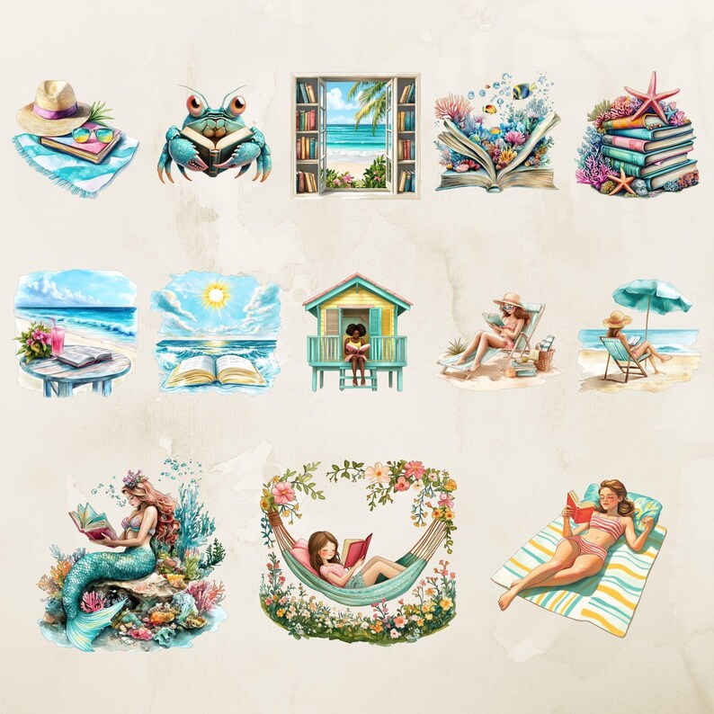 Summer Reading Clipart, Beach Bookworm PNG, Cute Beach Reading Png ...