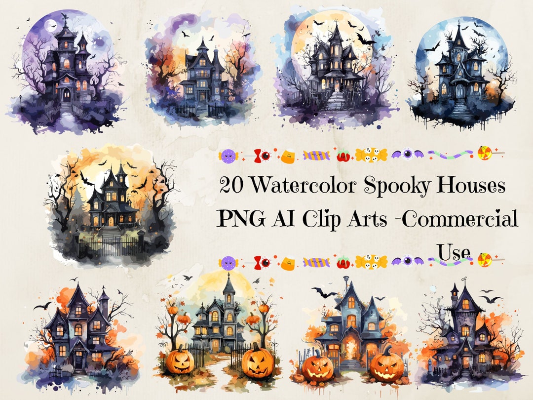 Halloween House Clipart, Haunted House, Spooky Clip Art, Watercolor ...