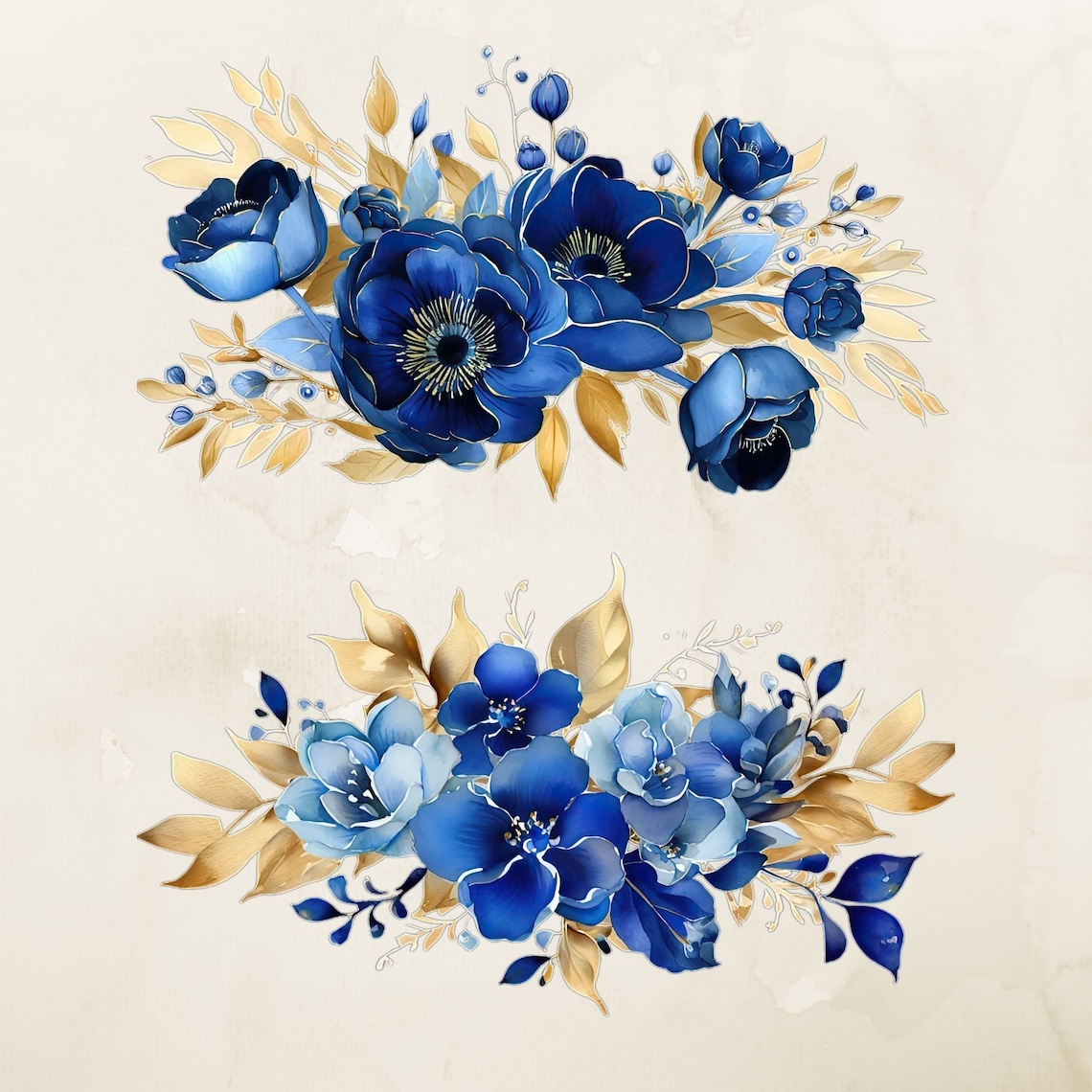 Royal Blue and Gold Floral Clipart, Gold and Blue Flower Clipart, Blue ...