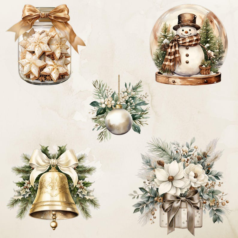 Neutral Christmas Clipart Pack PNG, Watercolor Holiday Graphics, Card ...