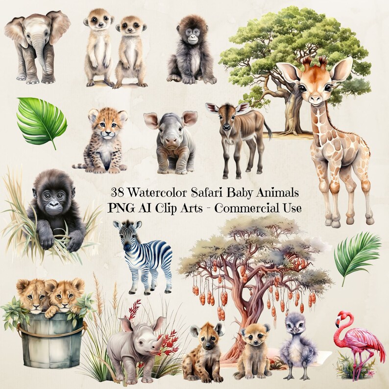 Watercolor Safari Animals Clipart, Jungle PNG, Baby Nursery Art ...