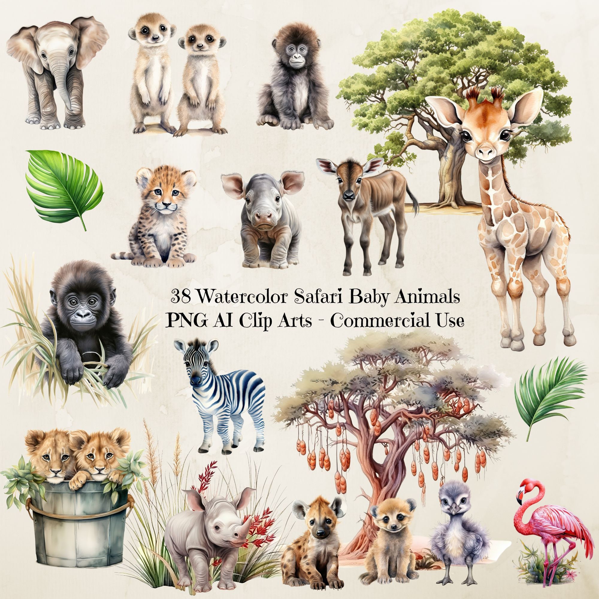 Safari Animals Watercolor Clipart Safari Sublimation Digital - Etsy