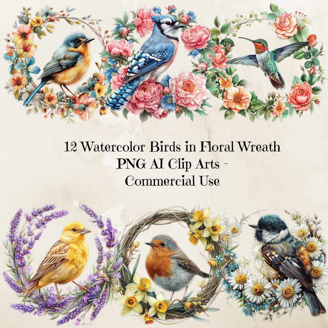 Watercolor Bird Floral Wreath Clipart, Spring Birds PNG (digital ...