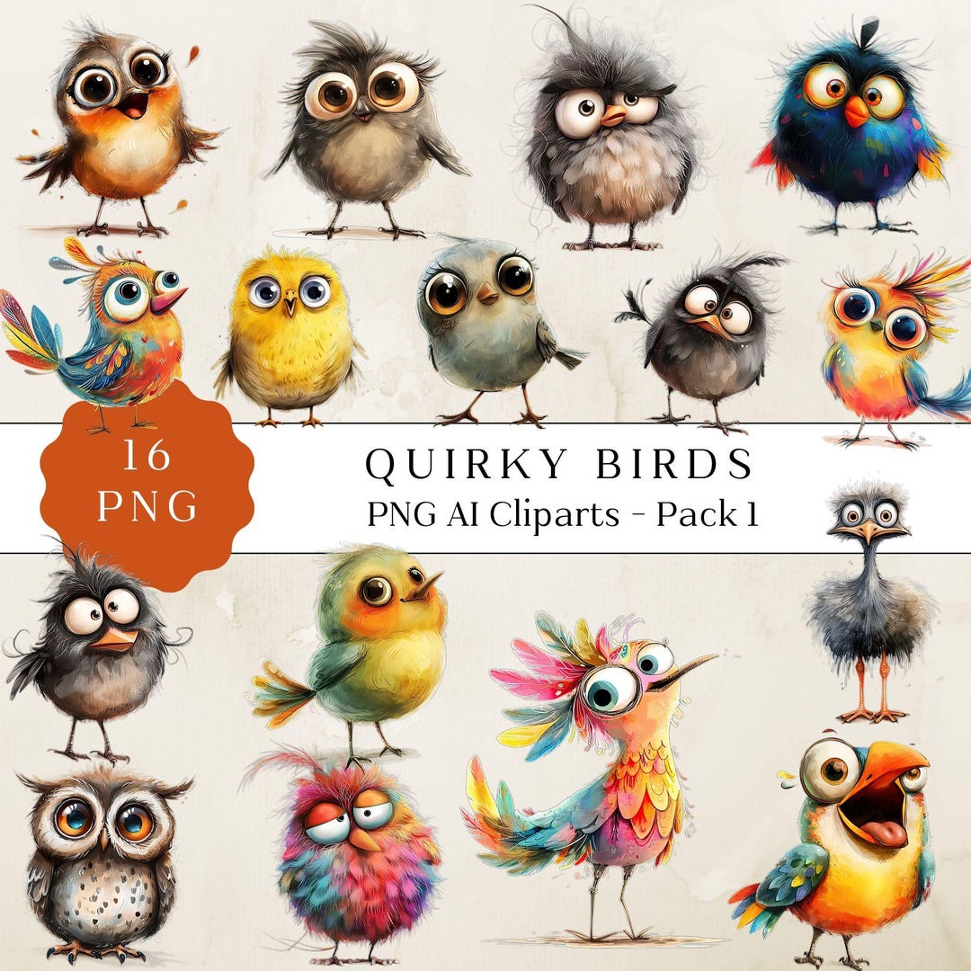 Quirky Bird Clipart, Mixed Media Quirky Bird Clip Art, Cute Caricature ...