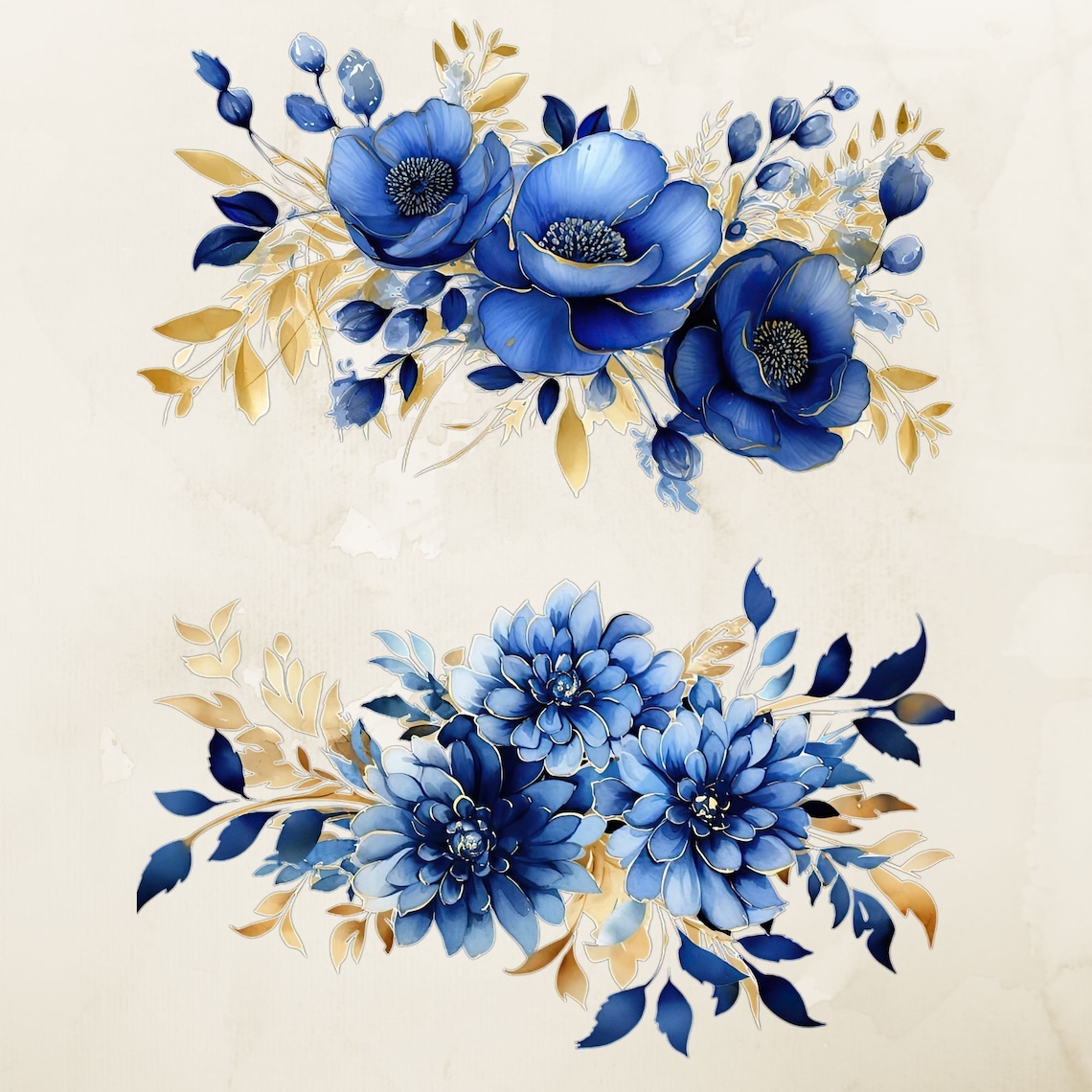 Royal Blue and Gold Floral Clipart, Gold and Blue Flower Clipart, Blue ...