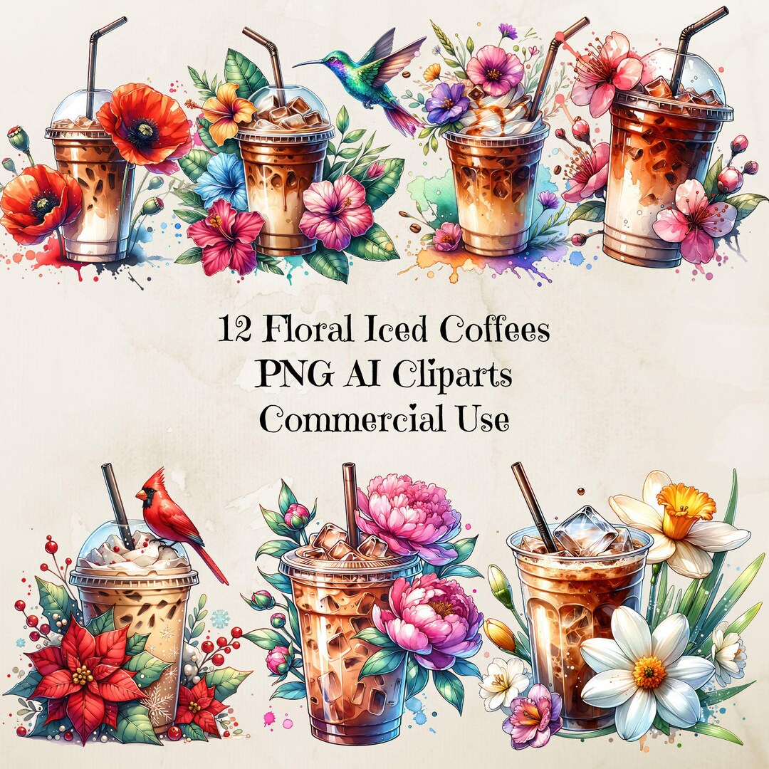 Floral Coffee Clipart Bundle Set, Cute Caffe Coffee Designs, Set of 12 ...
