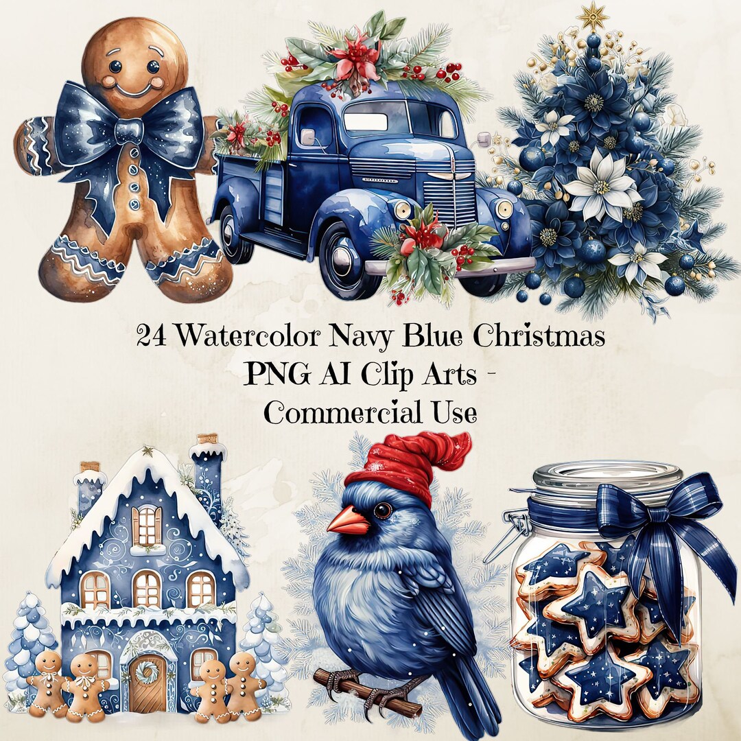 Navy Blue Christmas Clipart, Christmas Watercolor Cliparts, Christmas ...