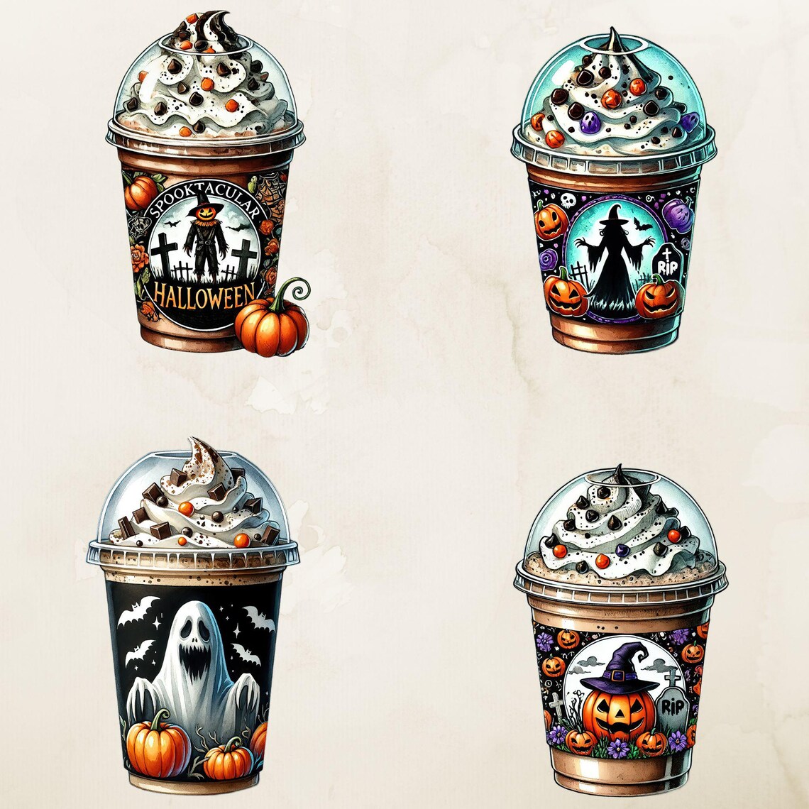 Halloween Coffee Clipart Set, Scary Gothic Watercolor Hot Coffee Drink ...