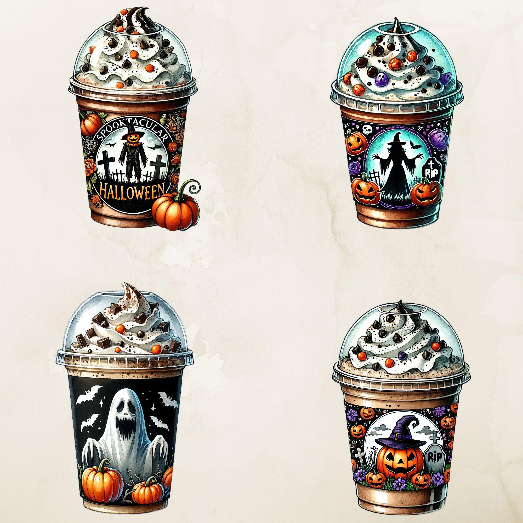 Halloween Coffee Clipart Set, Scary Gothic Watercolor Hot Coffee Drink ...