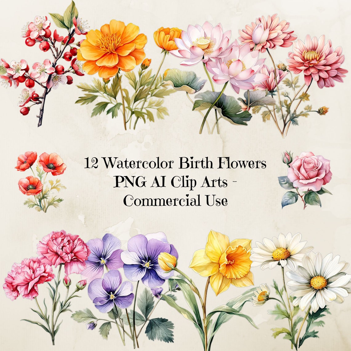 Watercolor Birth Month Flower Clipart, Birth Month Flower Png, Flower ...