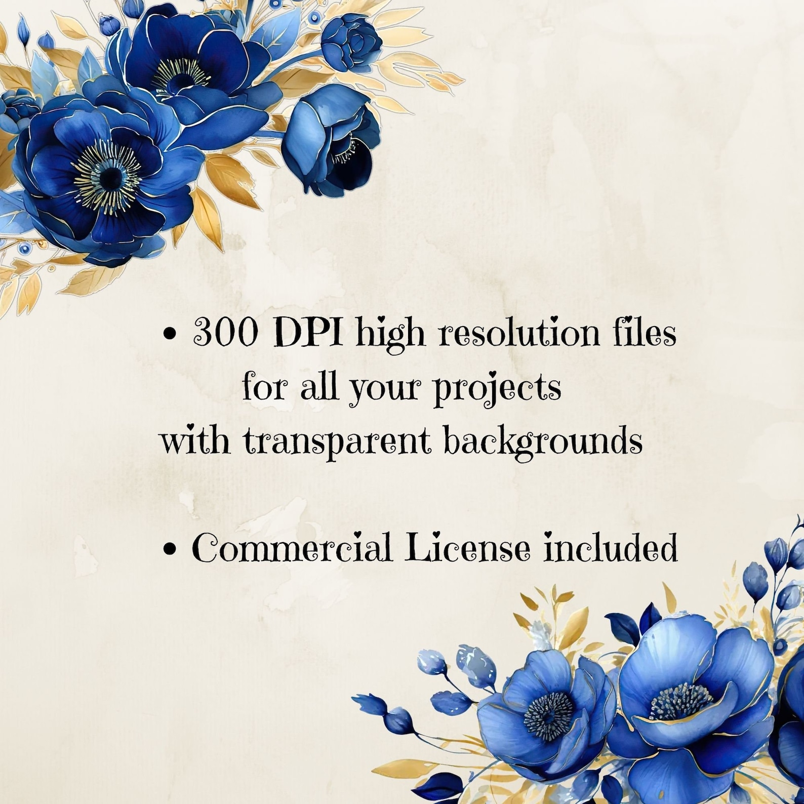 Royal Blue and Gold Floral Clipart, Gold and Blue Flower Clipart, Blue ...