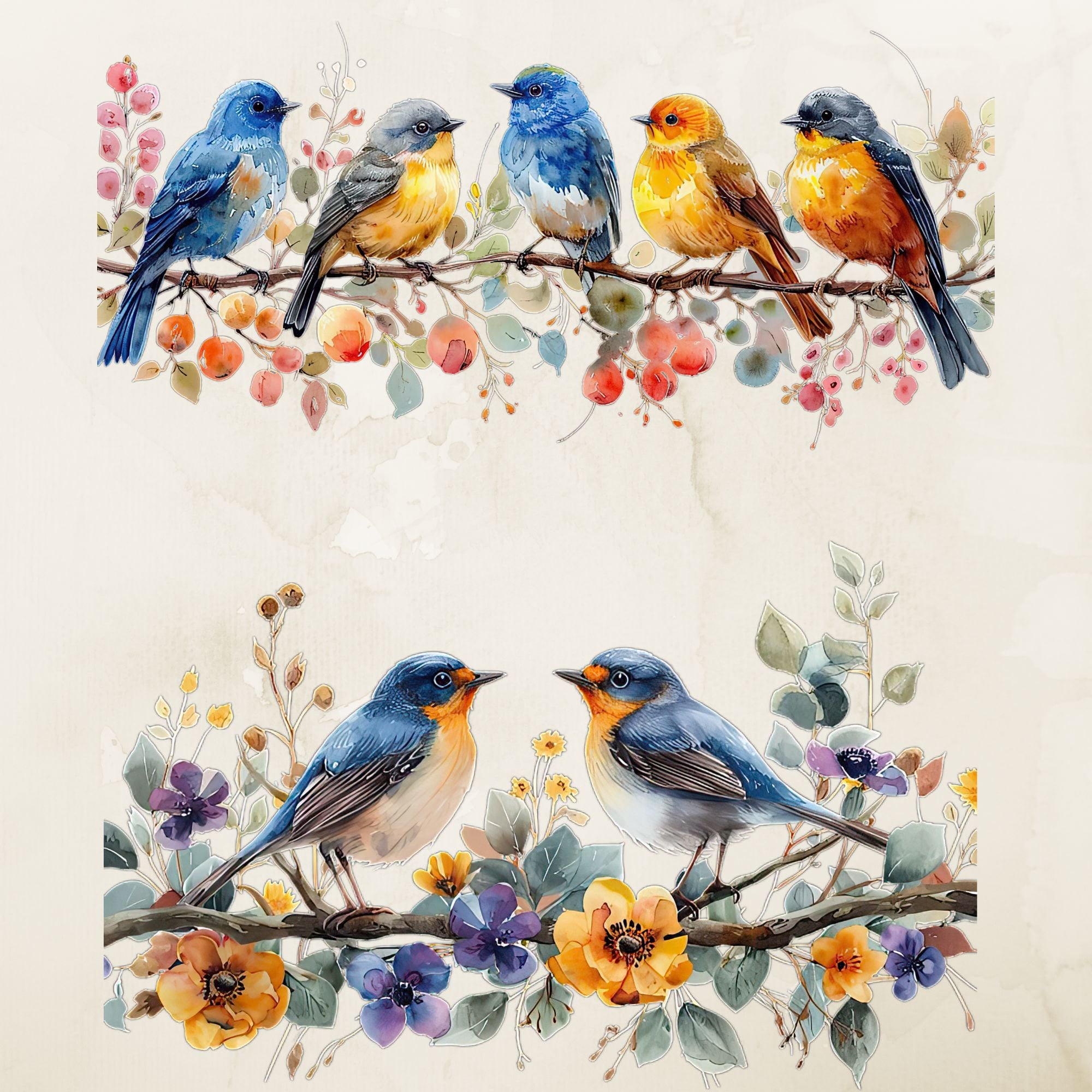 Banners and Birds Clip Art, Watercolor Border Floral Bird Png, Floral ...