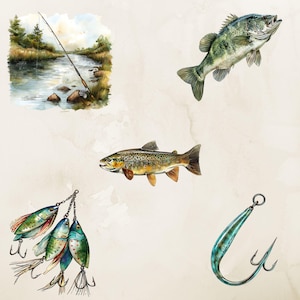 Watercolor Fishing Clipart Bundle, Watercolor Fishing Images, Fishing ...