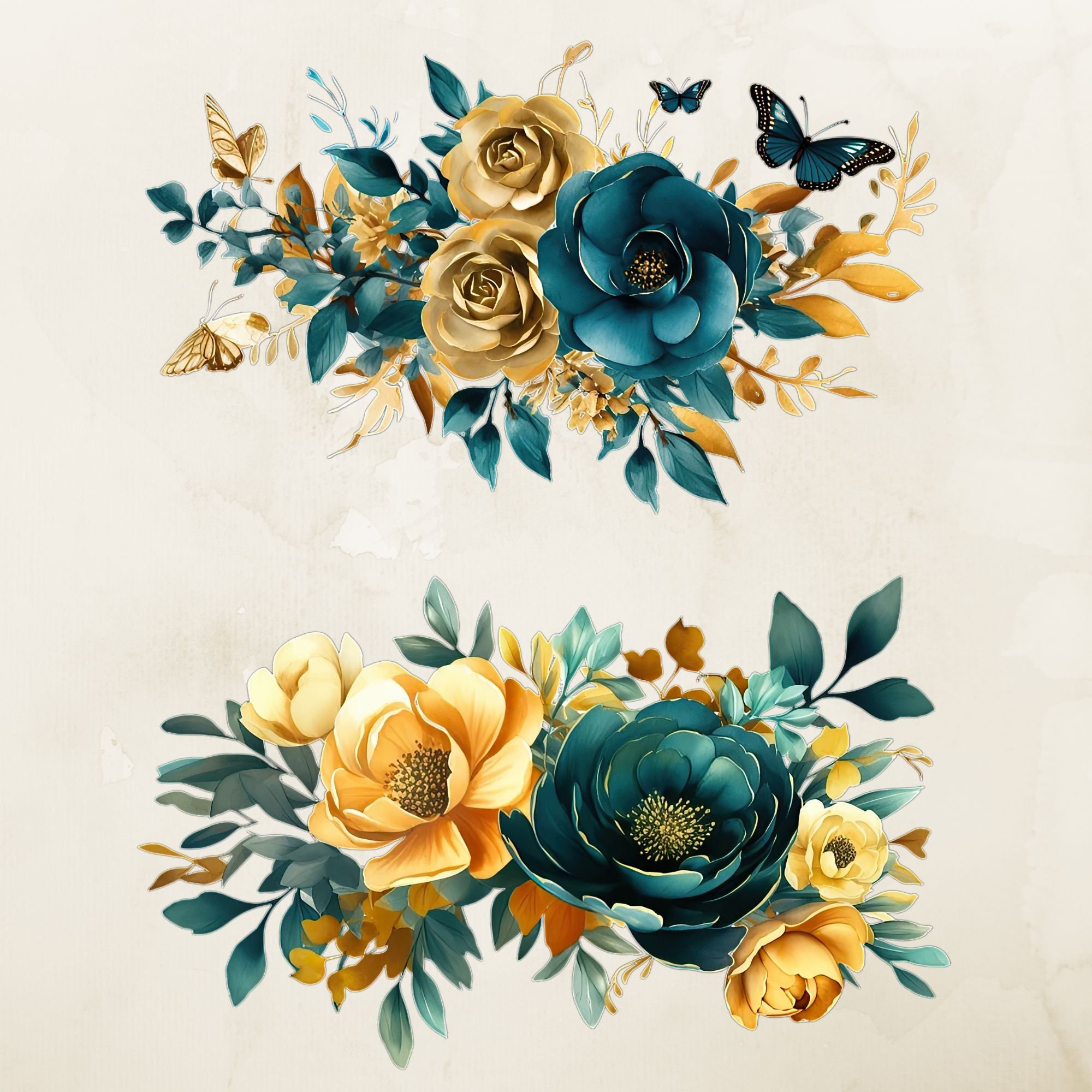 Teal and Gold Floral Clipart, Gold Teal Floral, Teal Gold Roses, Gold ...