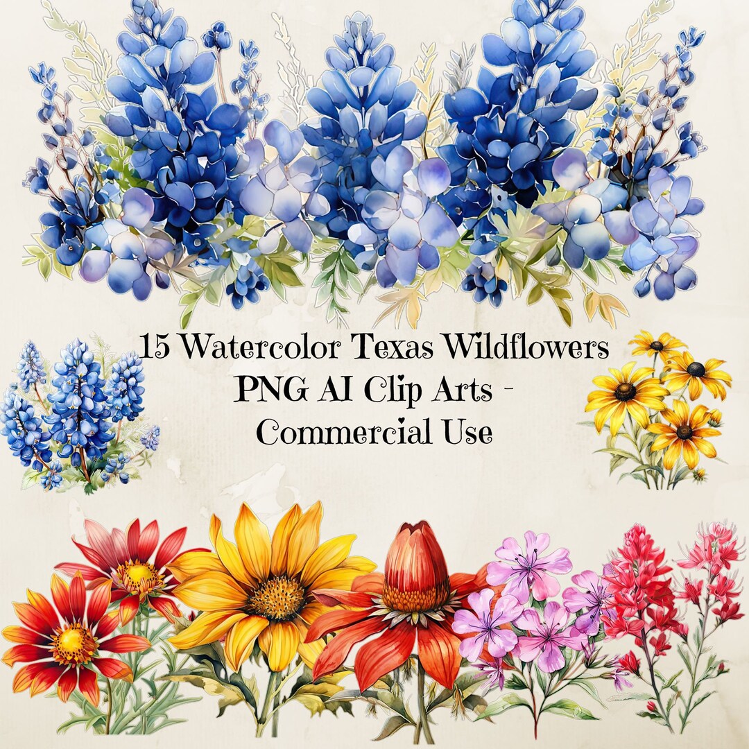 Texas Wildflowers Clipart, Texas Bluebonnets Watercolor Clipart Unique ...