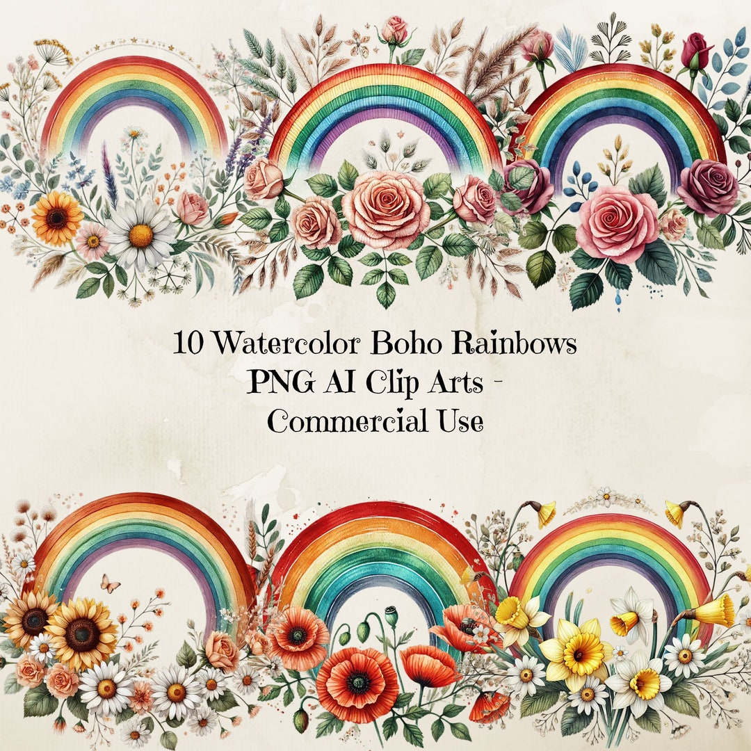 Boho Rainbow Floral Watercolor Clipart, Boho Rainbows Digital Clip Art ...