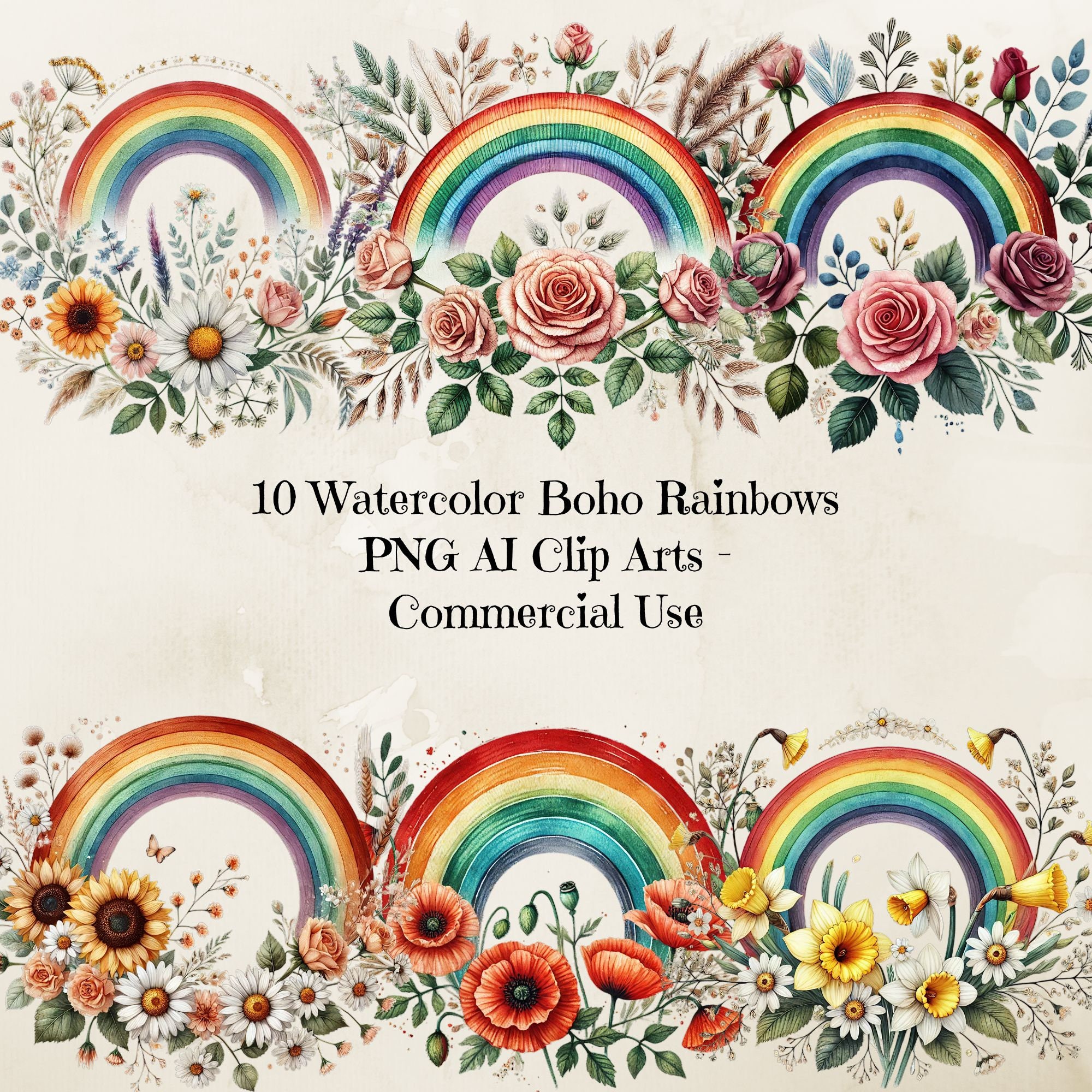 Boho Rainbow Floral Watercolor Clipart, Boho Rainbows Digital Clip Art ...