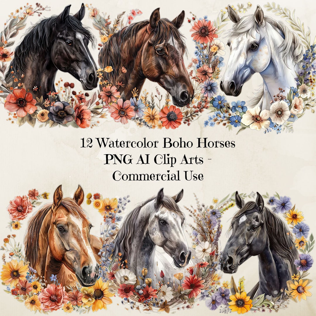 Watercolor Boho Horses Clipart, Horse Sublimation Designs, Floral ...