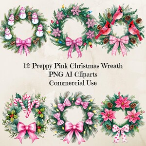 Preppy Pink Christmas Wreath Clipart, Watercolor Pink Wreath Clipart ...
